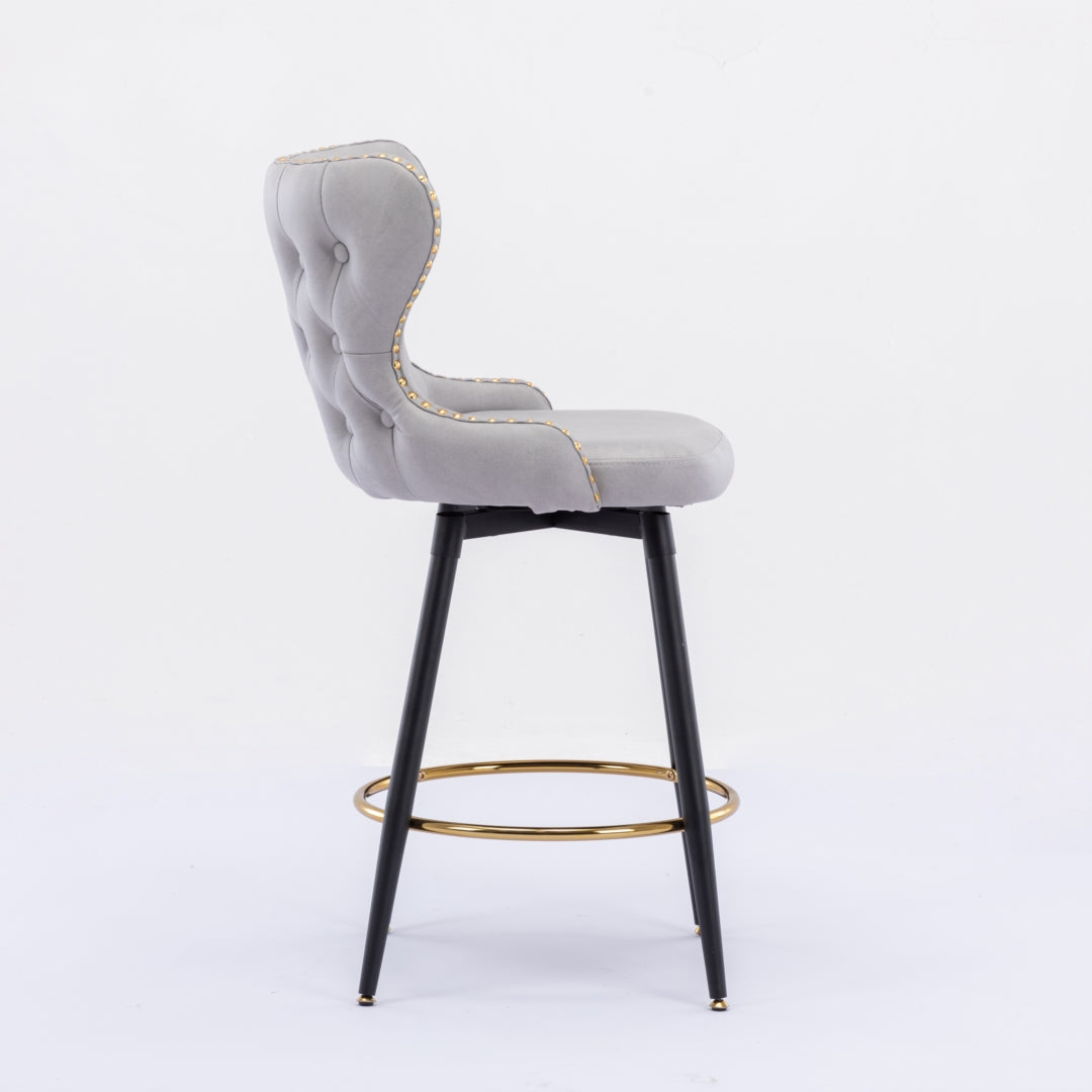 2x Swivel Bar Stools Tufted Counter Chairs with Stud Trim and Metal Ba ...