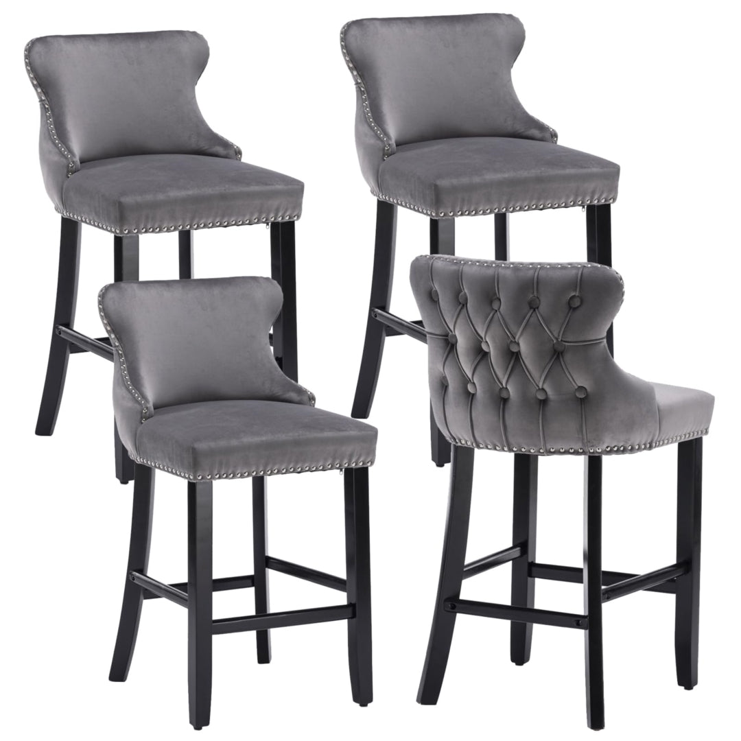 4x Velvet Upholstered Button Tufted Bar Stools with Wood Legs and Stud ...