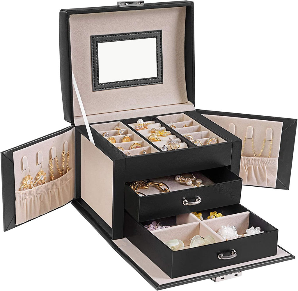 SONGMICS Lockable Jewellery Box Case with 2 Drawers and Mirror Black J ...