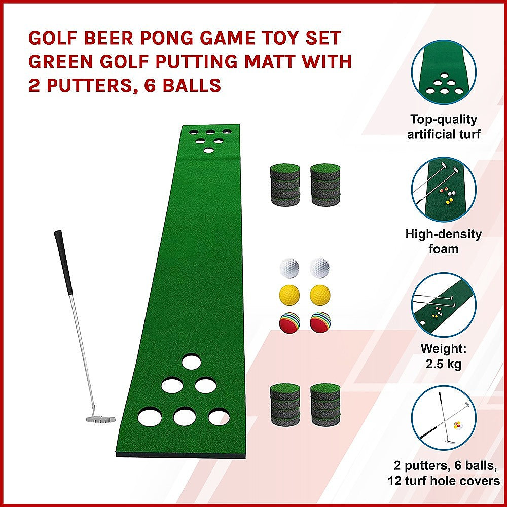 Golf Beer Pong Game Toy Set Green Golf Putting Matt with 2 Putters, 6 ...