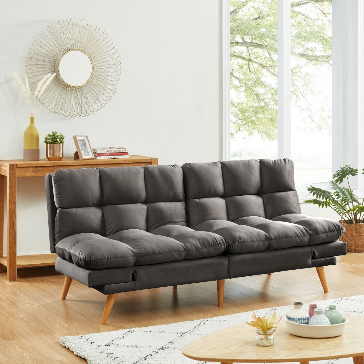 Alexa 3 Seater Velvet Sofa Bed Futon Charcoal – HearthlyHome