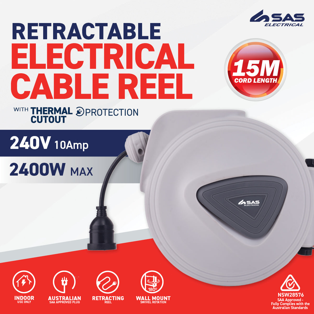 SAS Electrical 15m Retractable Electrical Cable Reel Swivel Mounting B ...