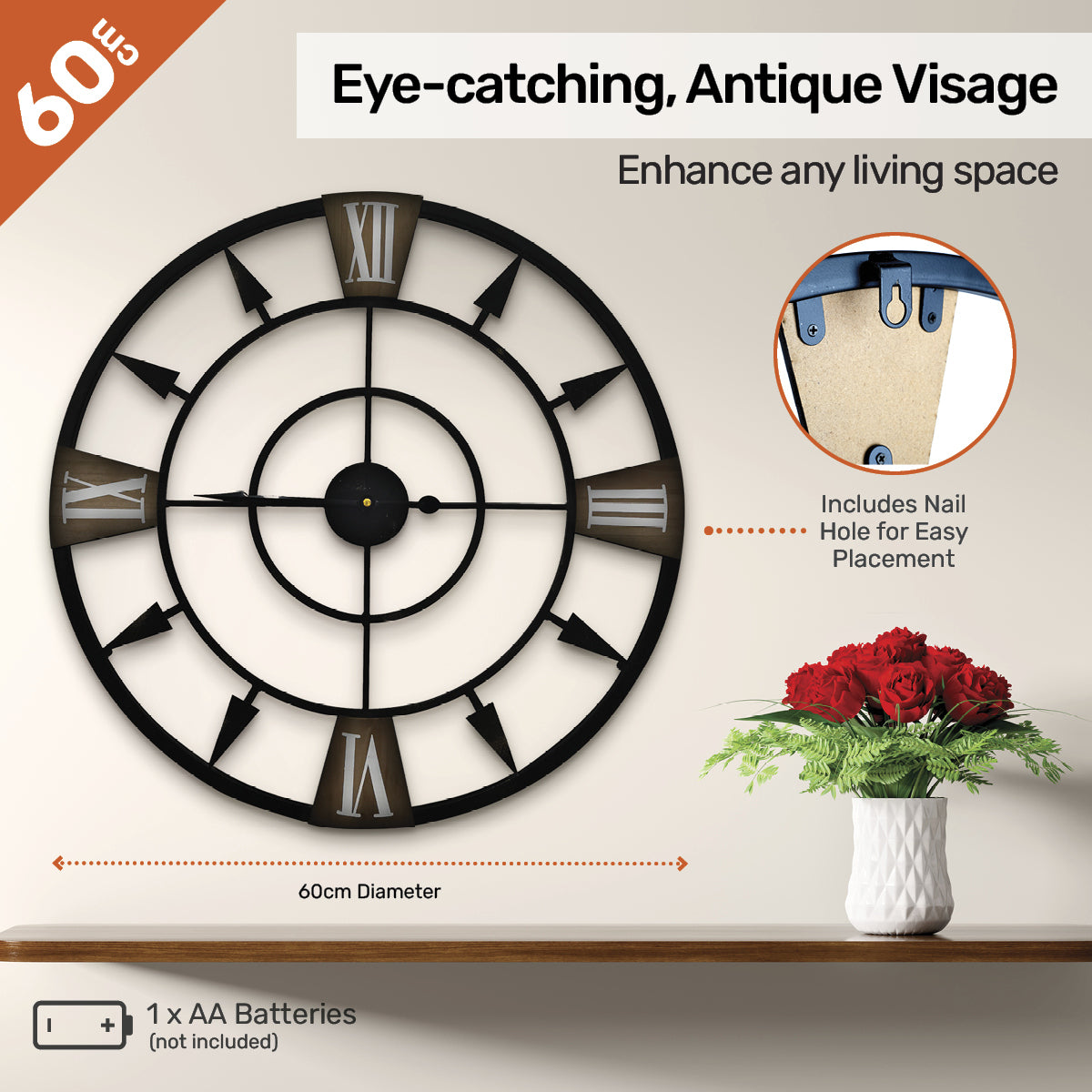 Home Master Wall Clock Antique Style Roman Numerals Metal Accents 60cm ...