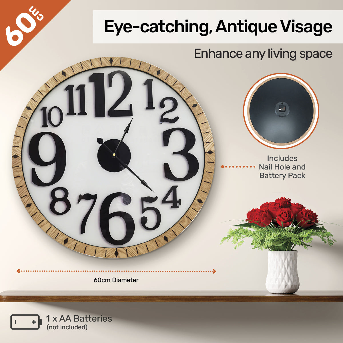 Home Master Wall Clock Large Modern Design Stylish Glass Surface 60cm ...